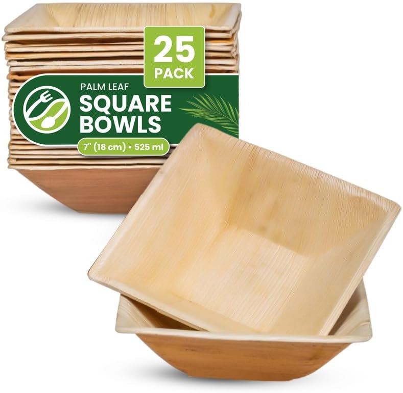 ECO Leaf 25 Disposable Palm Leaf Bowls |6”(15cm) Square Compostable ...