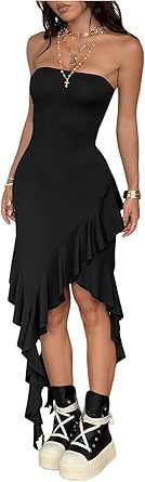 Floerns Women's Grunge Strapless Tube Tops Dress Asymmetrical Ruffle ...