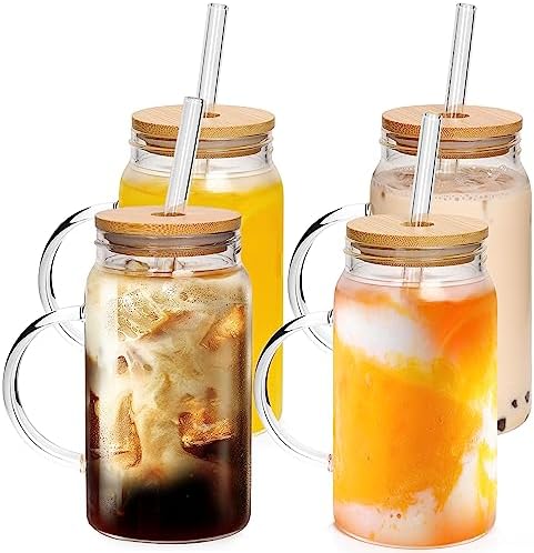 Amazon.com: ANOTION Glass Cups 4 Packs, 16oz Coffee Cups with Lids and ...