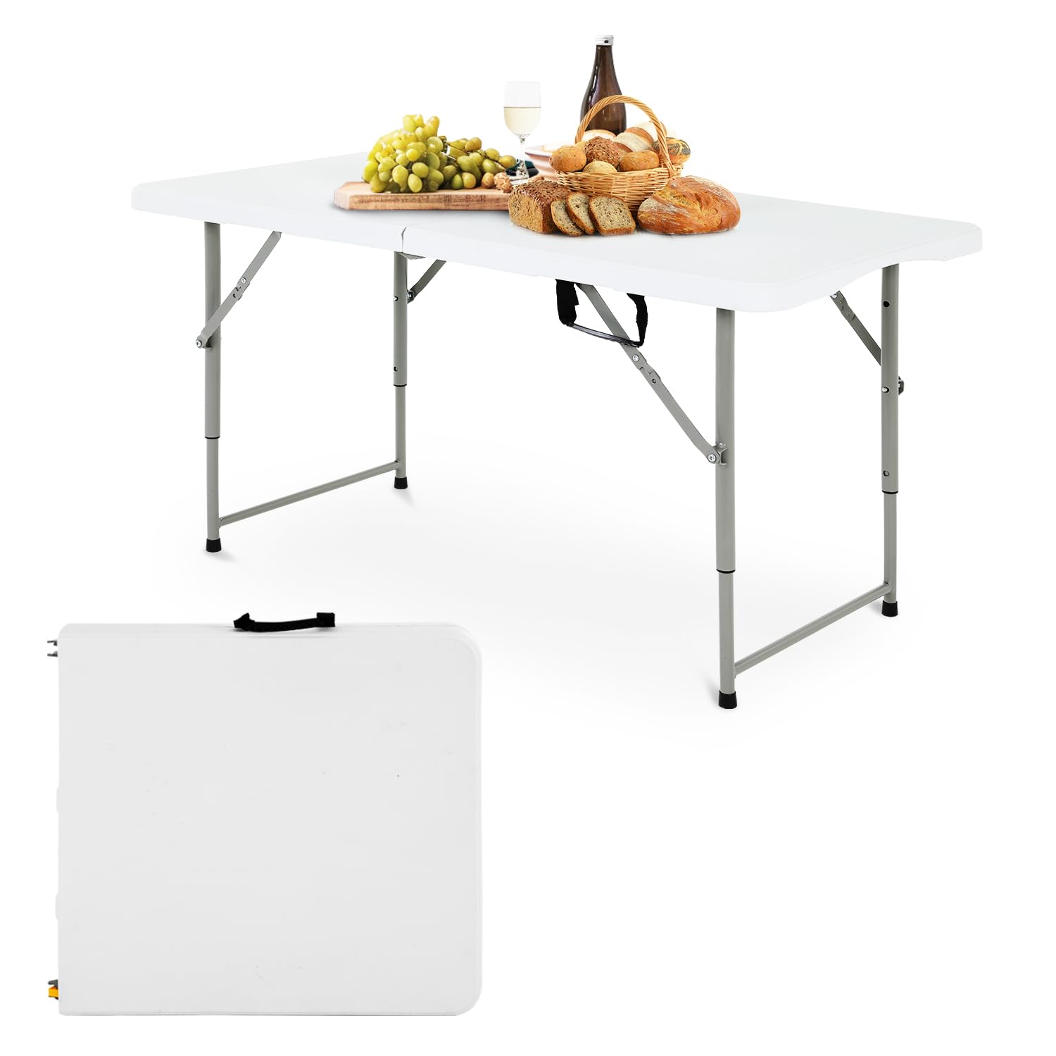 4 FT Folding Table Plastic Height Adjustable Picnic Table Portable ...