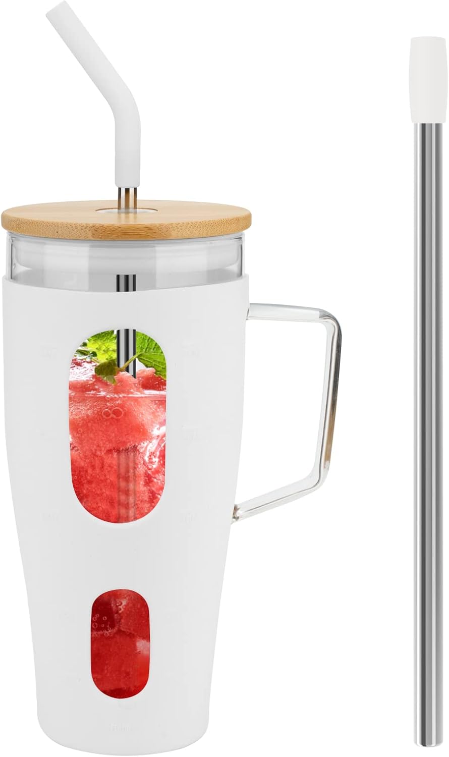 Amazon.com | Zukro 40 oz Glass Tumbler with Bamboo Lid and Straw, Glass ...
