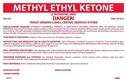 National Marker Corp. HC271P Container Labels, Methyl Ethyl Ketone, 6 1 ...