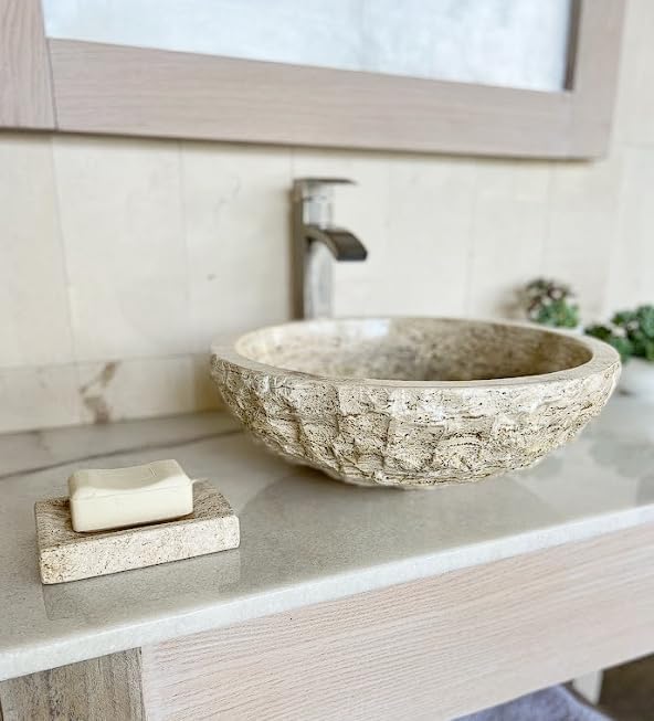 Round Chiseled Stone Bathroom Vessel Sink - Circle Bowl Shape - 100% ...