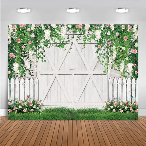 Amazon.com : Lexfvpoo Spring Backdrop 10x8ft Easter Green Leaves Flower White Barn Door Easter ...