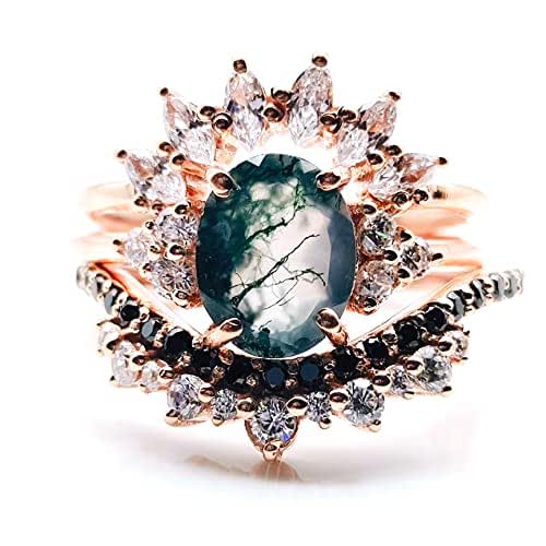 Amazon.com: Natural Moss Agate Ring Set Of 3Pcs Moss Agate 925 Sterling ...