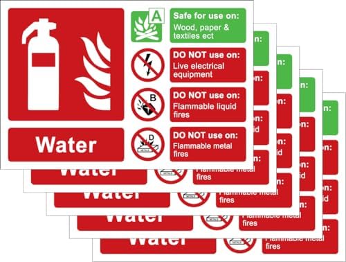 Pack of 5, 165mm x 110mm Water Fire extinguisher label, self adhesive ...