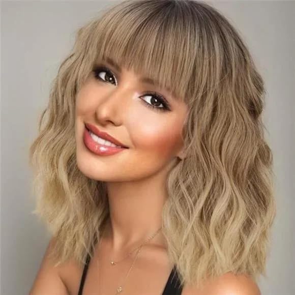 Amazon.com : AISI HAIR Synthetic Wavy Curly Bob Wig with Bangs Ombre ...