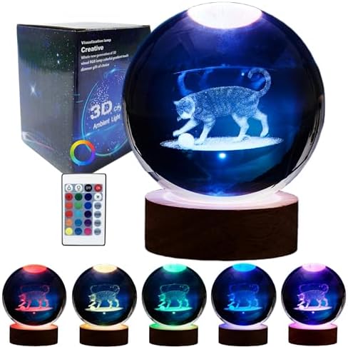 3D Cat Crystal Ball Lamp,Lifelike 3D LED Cat Night Light,16 Colors ...