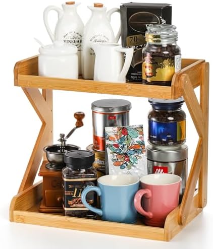AVLA 2-Tier Coffee Station Organizer, Bamboo Kitchen Counter Shelf ...