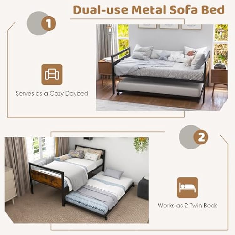 Giantex Metal Daybed with Trundle, Rustic Brown Kosovo | Ubuy