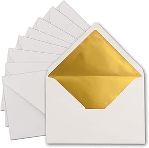 50 x DIN C5 envelopes, 15.7 x 22.5 cm, in white with golden silk lining ...