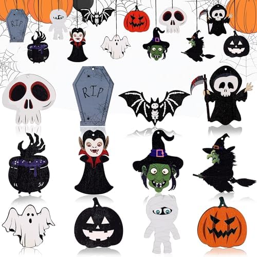 Amazon.com: 36Pcs Halloween Tree Ornaments, Halloween Wooden Hanging ...
