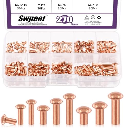 Amazon.com: Swpeet 270Pcs M2 M2.5 M3 Half Round Head Copper Solid Rivet ...