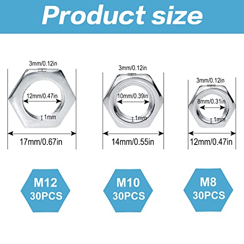 GZcaiyun Pack of 90 Hex Nuts M8 M10 M12 Fine Thread Nut Set Flat ...