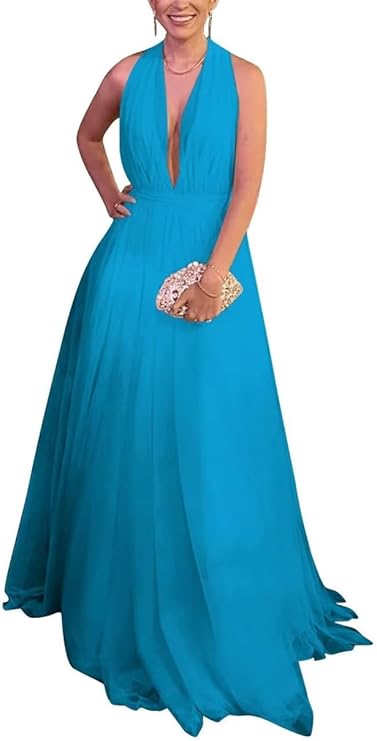 Amazon.com: Women’s Halter Tulle Bridesmaid Dress Open Back Prom Dress ...