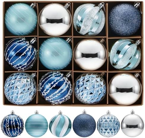 Amazon.com: JOYIN 12 Pcs Blue Silve Christmas Balls Ornaments Set, 3.15 ...