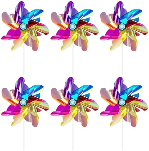 6 Pcs Rainbow Pinwheels, Colorful Reflective Bird Scarer Windmill, Lawn ...