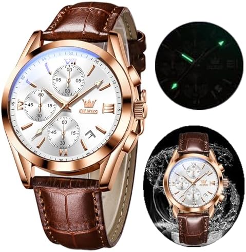 OLEVS Men's Chronograph Quartz Watches, Leather Strap Gold Case with ...