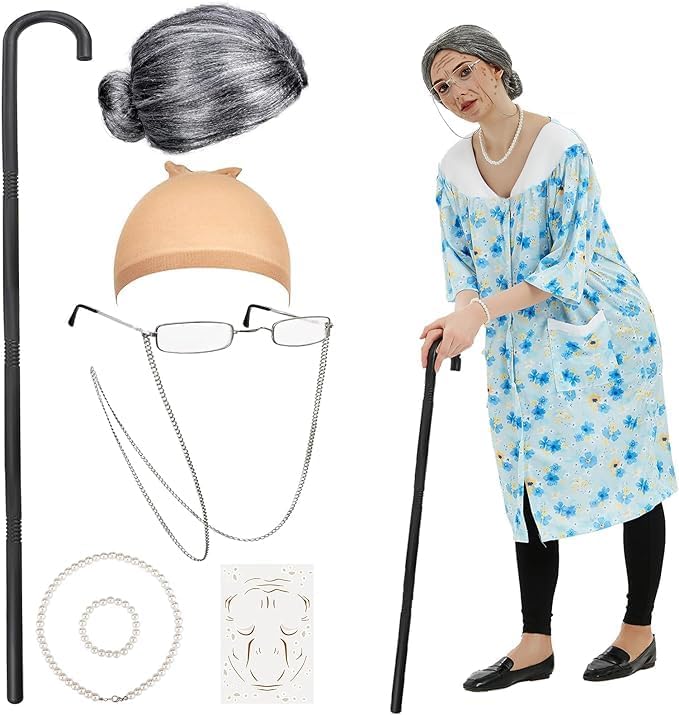 Old Lady Costume Set Grandma Short Sleeve Robe Grandmother Wig Wig Caps ...