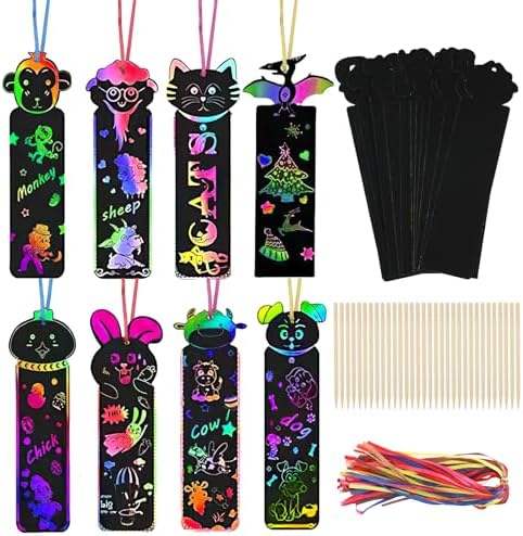 LATERN 96Pcs Scratch Art Bookmarks, 12 Style Magic Scratch Rainbow ...