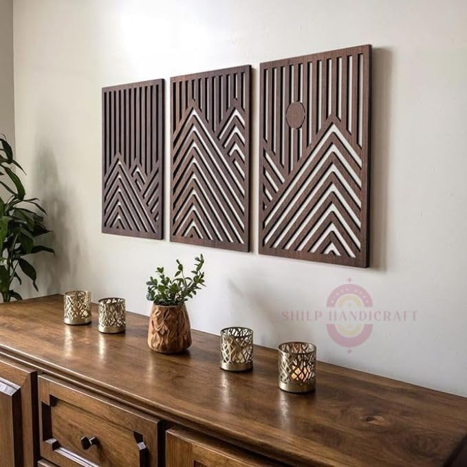 SHILP HANDICRAFT Modern Mountain and Sun Wall Sculptures - Set of 3 ...