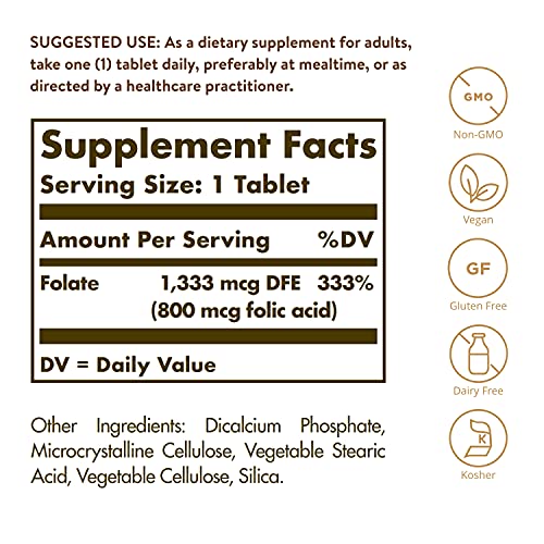 Solgar Folate 1,333 mcg DFE, 100 Tablets - 800 mcg Bio-active Metafolin ...
