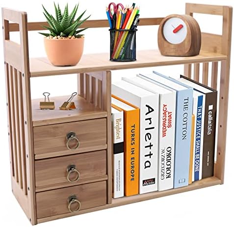 Amazon.com: Desktop Shelves Organizer Office Storage Rack 2 Tier Bamboo ...