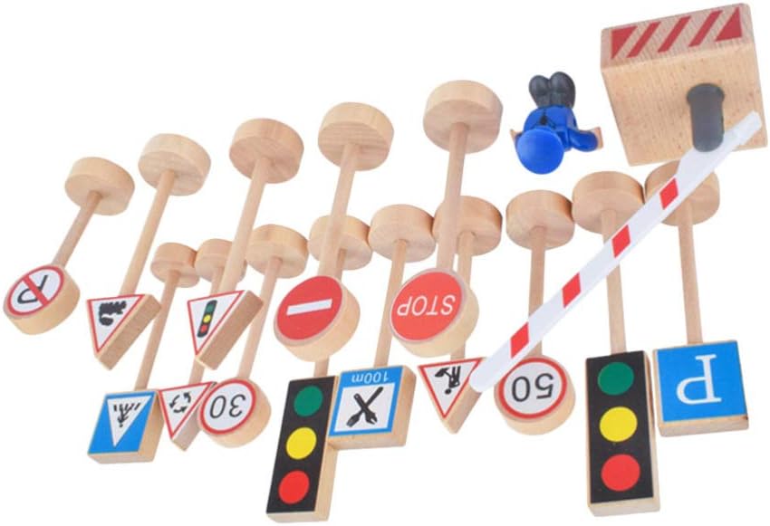 Toyvian 15 pieces traffic sign, toy road warning sign, toy mini wooden ...