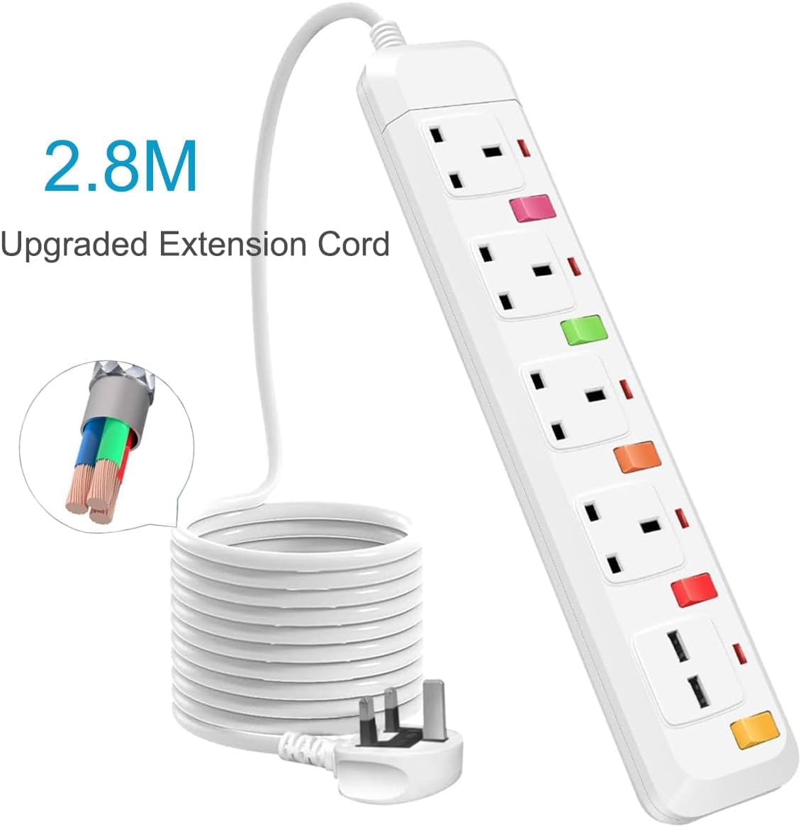 Extension Lead with USB Slots, 2.8M 4 Way Plug Extension Socket with 4 ...