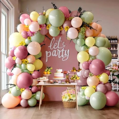 Amazon.com: Dusty Green Pink Yellow Balloon Arch Artificial Flower ...