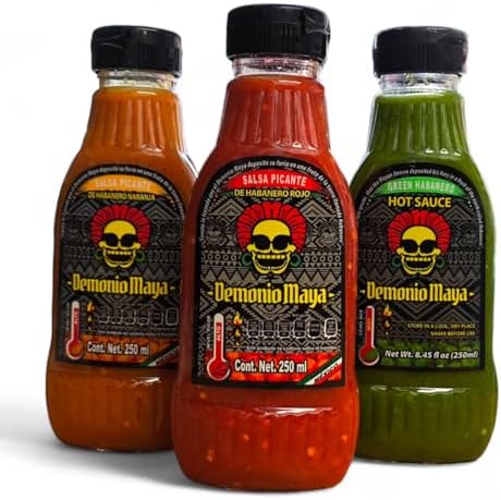 Amazon.com : DEMONIO MAYA HABANERO HOT SAUCE 3 PACK - RED, GREEN ...