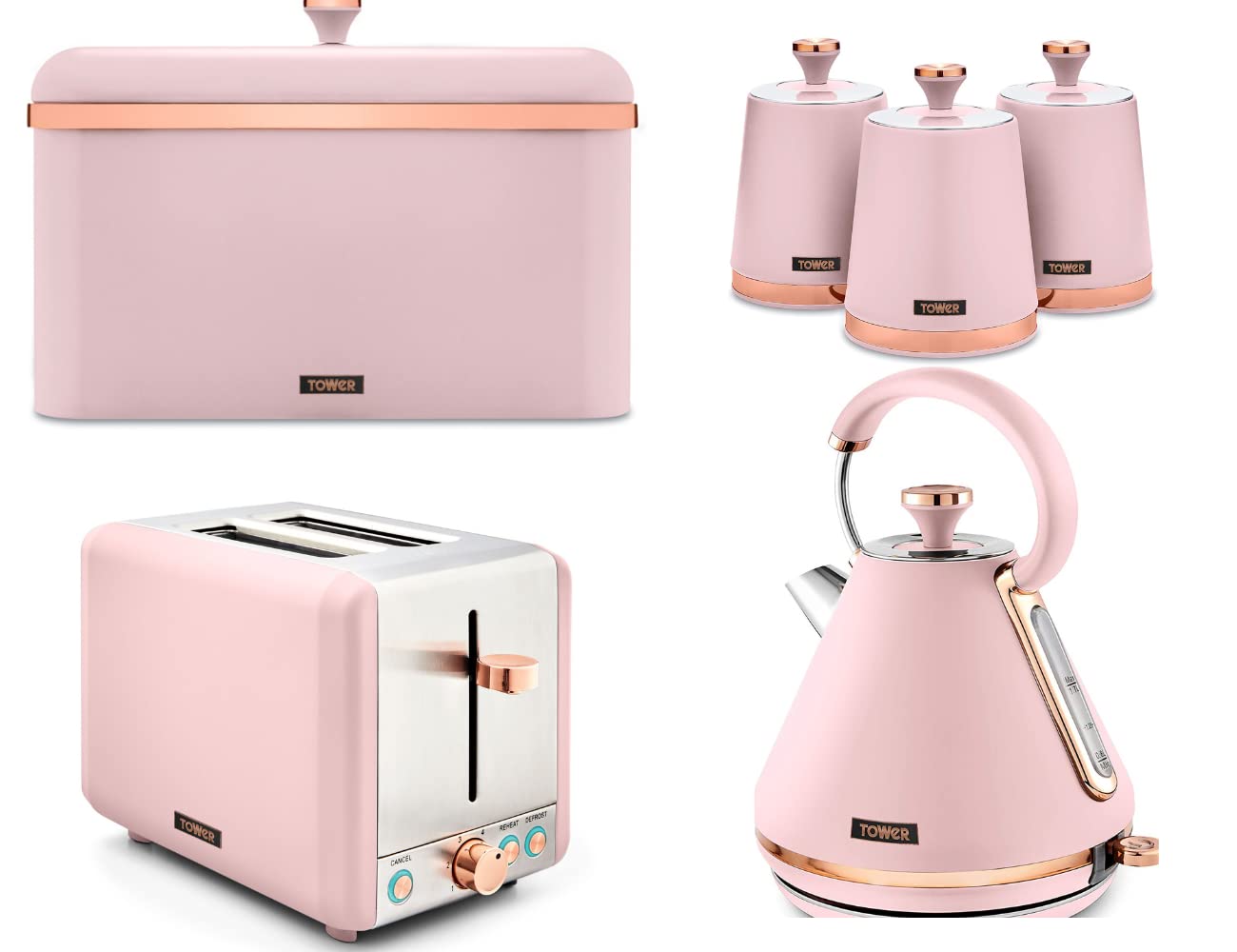 Tower Cavaletto Pink Pyramid Kettle, 2 Slice Toaster, Bread Bin & Set ...
