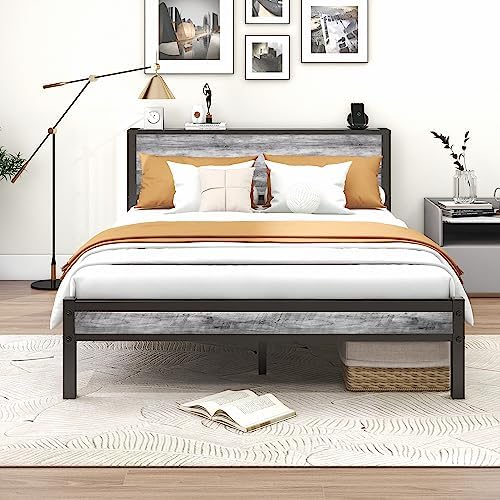Amazon.com: BOFENG Black Queen Size Bed Frames with Wood Headboard ...
