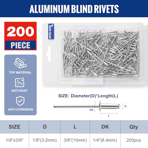 WORKPRO 200Pcs Aluminum Blind Rivets, 1/8" x 3/8" Pop Rivets Assortment ...