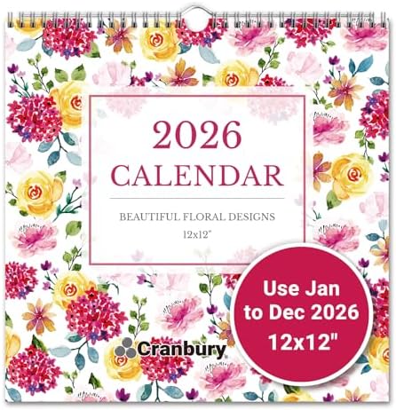 Amazon.com: CRANBURY 2026 Wall Calendar 12x12, Floral Hanging Monthly ...
