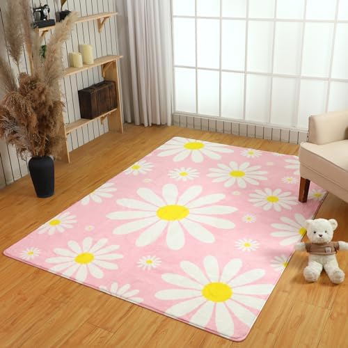 Amazon.com: Mindsoft Pink Daisy Area Rug 5 x 7 Washable Boho Flower Rug ...