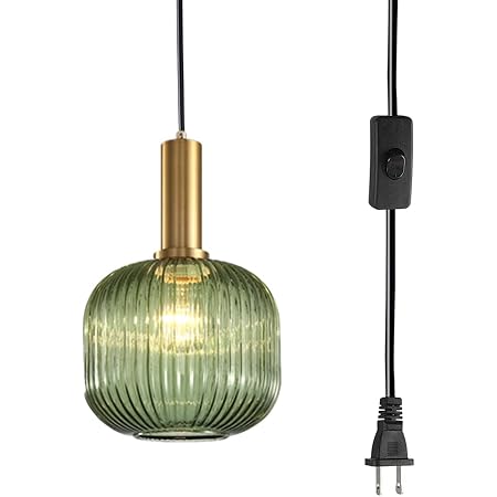 Plug in Glass Pendant Light Mid-Century Modern Striped Amber Glass ...