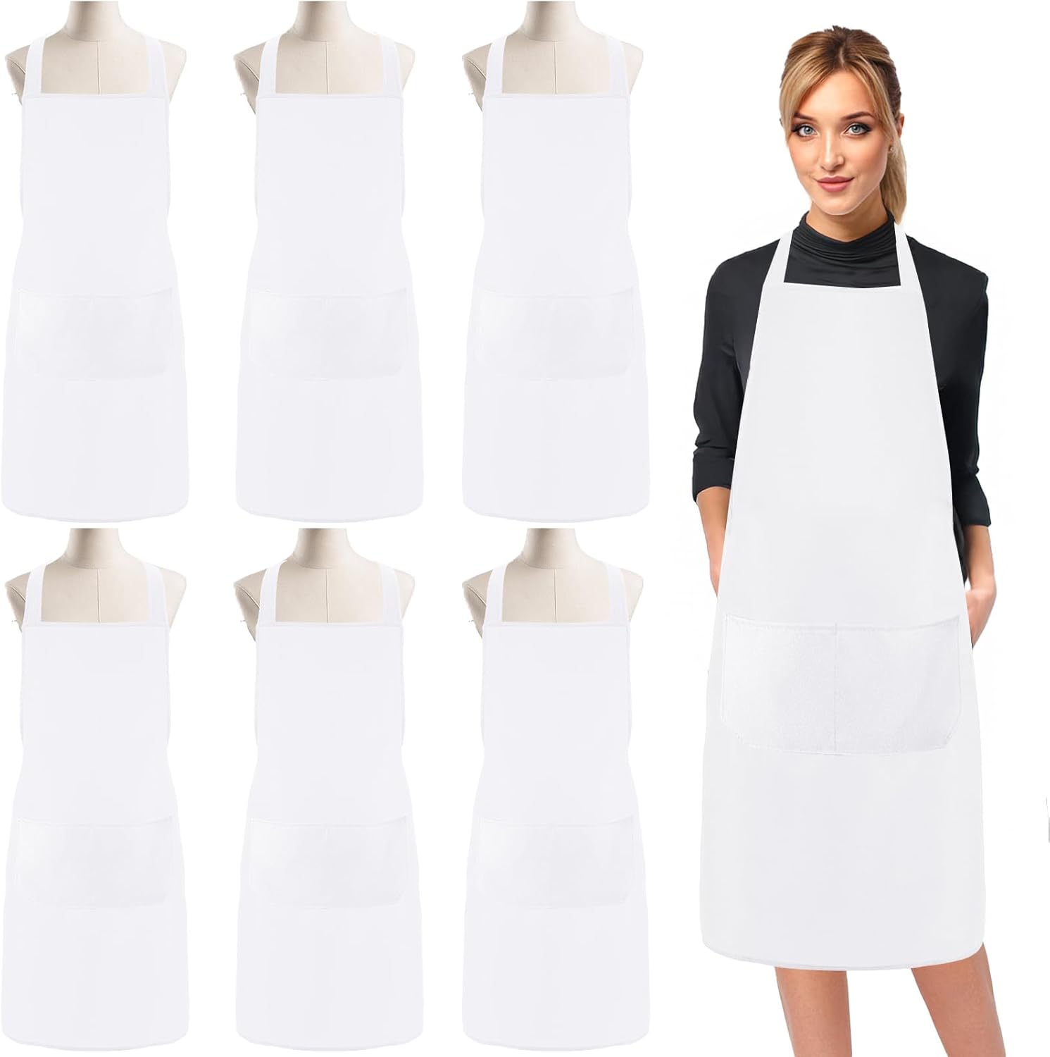 Amazon.com: Cabaubl 6 PCS Bib Apron,White Aprons Bulk with 2 Pockets ...