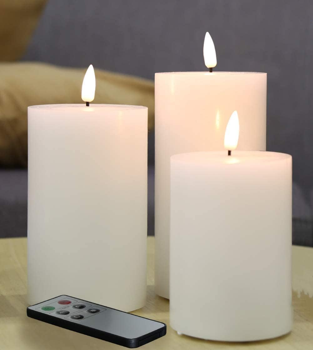 Eywamage White Flat Top Flameless Pillar Candles with Remote ...