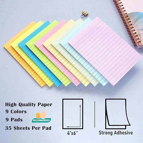 Snapklik.com : (9 Pack) Lined Sticky Notes 4X6 In Post, 9 Pastel Colors ...