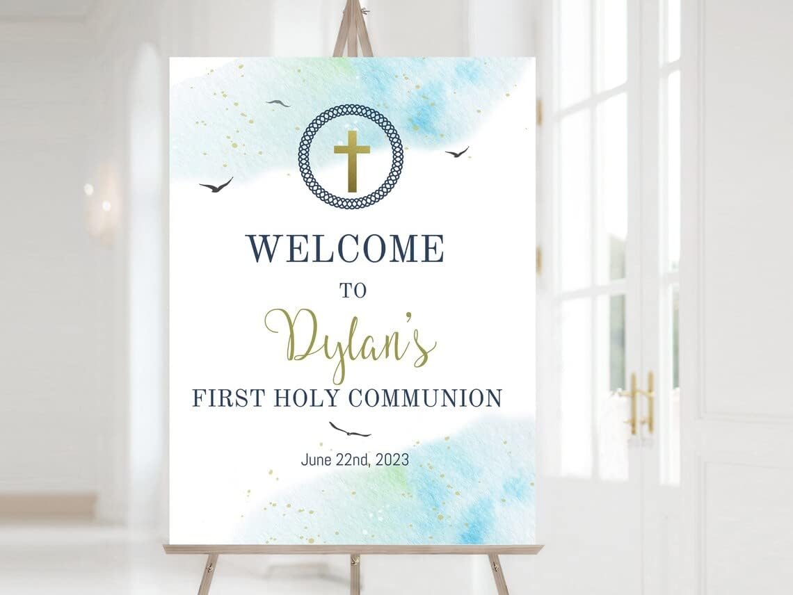 Amazon.com : First Holy Communion Welcome Sign, Blue Sky 1st Communion ...