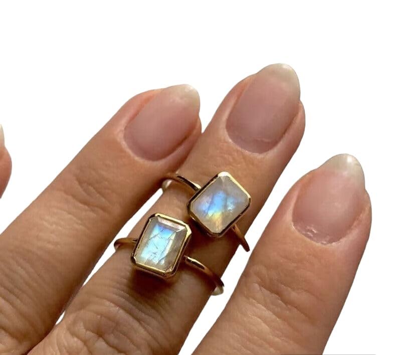 Amazon.com: Natural Rainbow Moonstone Ring Princess Cut Ring Stackable ...