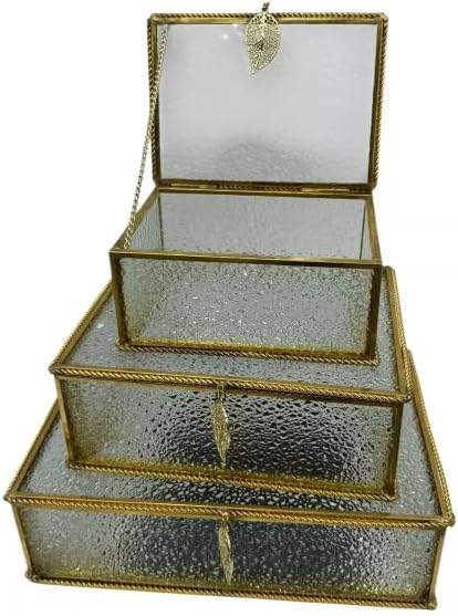 Decorative Glass Storage Boxes with Gold Trim, Set of 3, Textured Glass ...