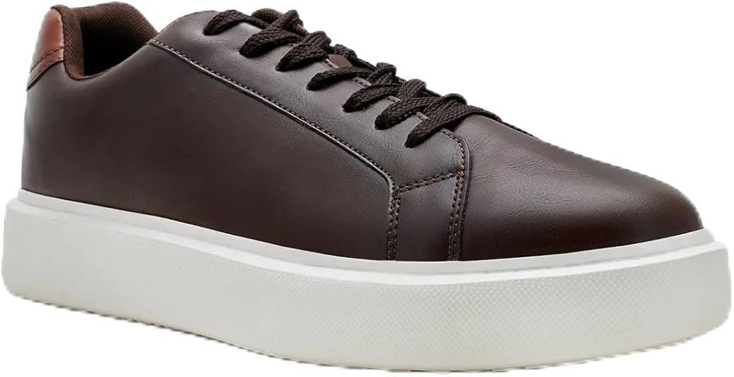 NDURE Men's Classic Brown Leather Sneakers, Platform Low-Top with White ...