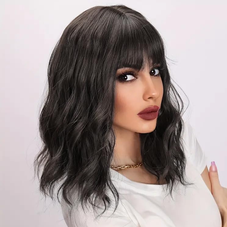 Amazon.com : Miuric Wigs for Women Wavy Short Black Wig with Bangs ...