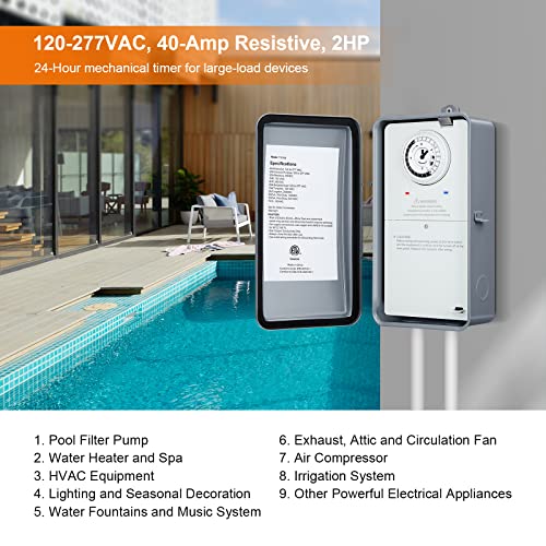 SURAIELEC Pool Timer, 24 Hour Mechanical Pump Timer, 40 AMP, 120, 240 ...