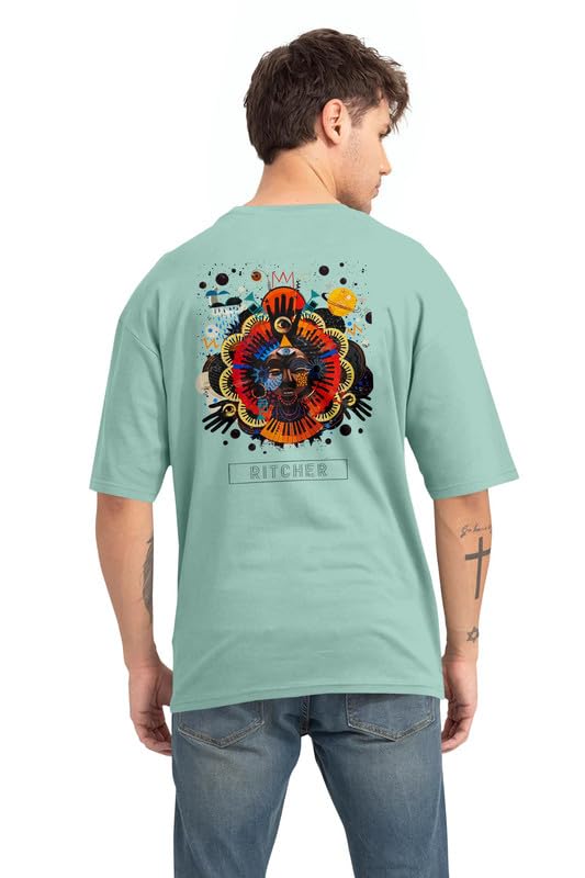 Buy RITCHER Oversized Green Back Print Cotton Graphics Tee with Round ...