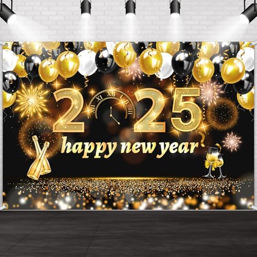 Amazon.com : XtraLarge Happy New Years Banner 2025 - Black Gold New ...