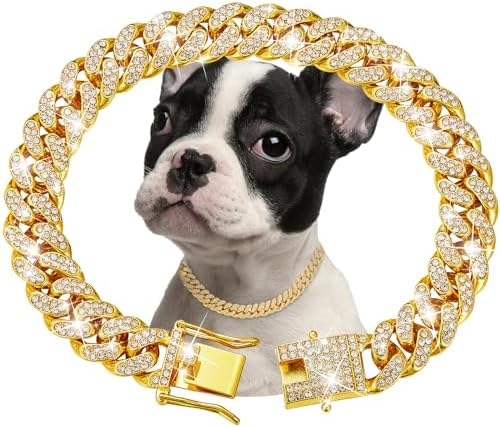 Amazon.com : Gold Dog Chain Collar Diamond Cuban Link Dog Collar 13mm ...