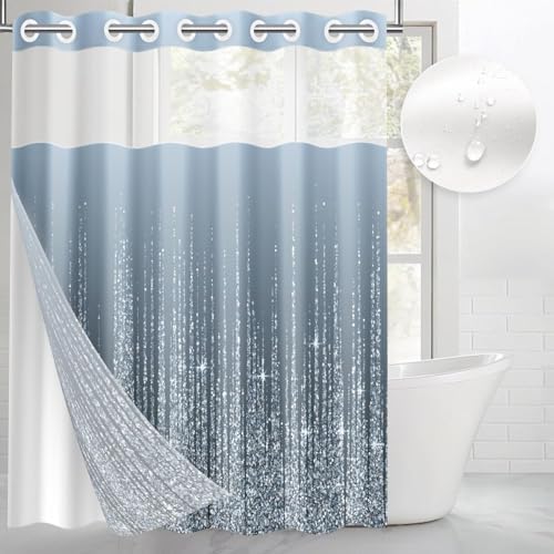 Amazon.com: Nesphy No Hook Silver Dots Blue Shower Curtain with Snap in Fabric Liner Set ...